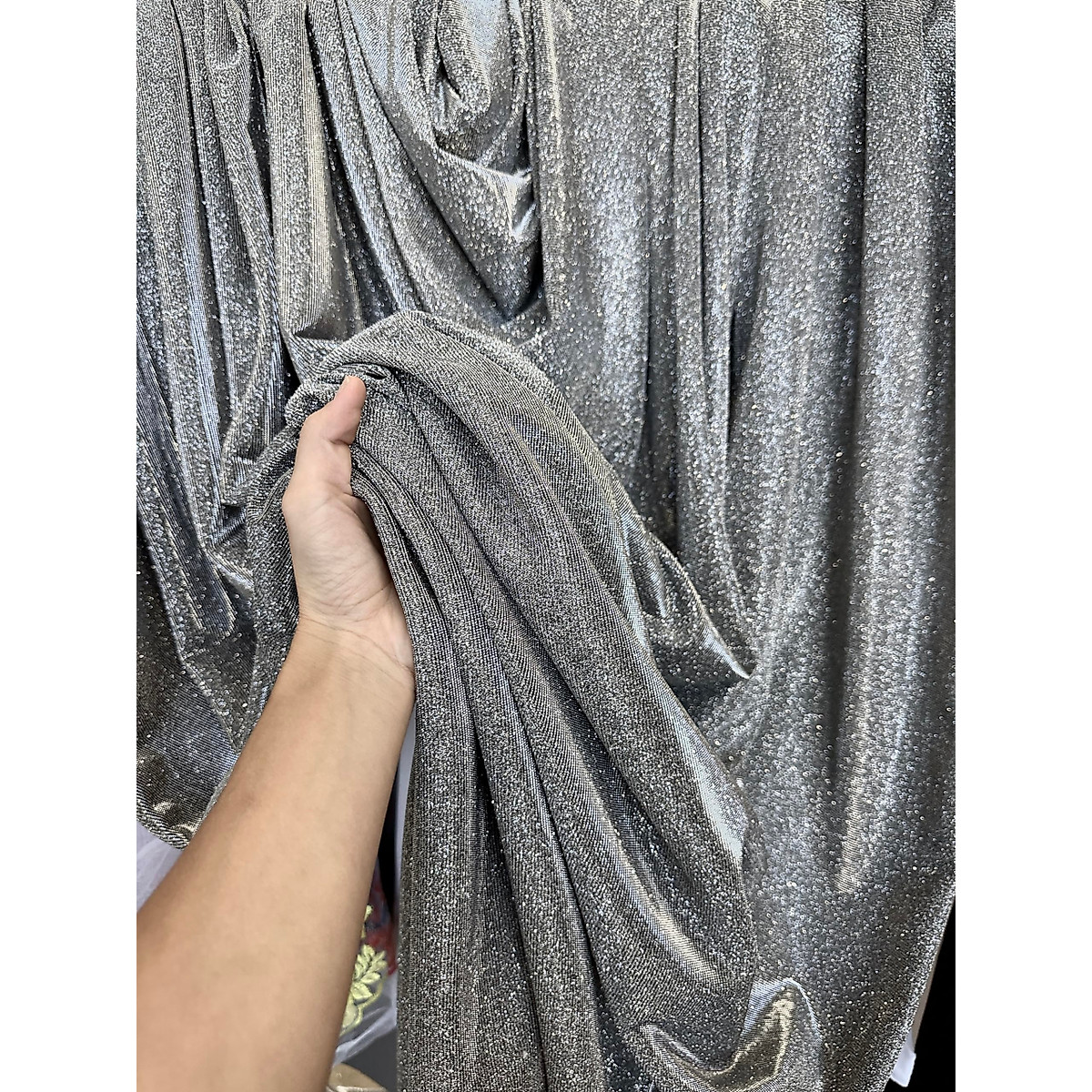 Glittering Lurex Fabric - Shimmer and Shine with Metallic Sparkle - Fashion Fabric by The Yard - for Crafting and Embroidery - Polyester Stretch Fabric - 1 Yard (Stretch Silver)