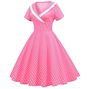 1950 Style Clothing for Women V Neck Short Sleeve Polk Dots Swing Audrey Hepburn Style Rockabilly Tea Party Garden Midi Dresses Vintage Dresses 1950s Cocktail Dress for Women Pink