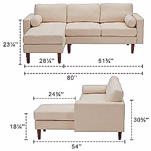 Tbfit 80"W Sectional Sofa Couch, L Shaped Couch with Reversible Chaise, Mid Century Modern Linen Fabric Couches for Living Room Apartment Small Space, Convertible Sofa with Tufted Seat Cushion, Beige