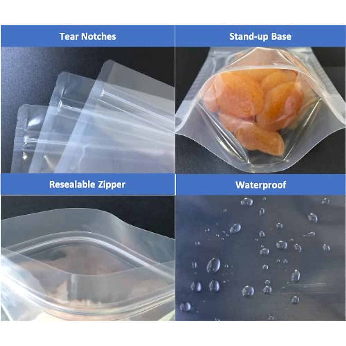 100 Pack Clear Mylar Stand Up Bags - 5.5x7.8 Inches Resealable Food Storage Zipper Pouches, Sealable Plastic Packaging Sample Pouch Bag - Clear