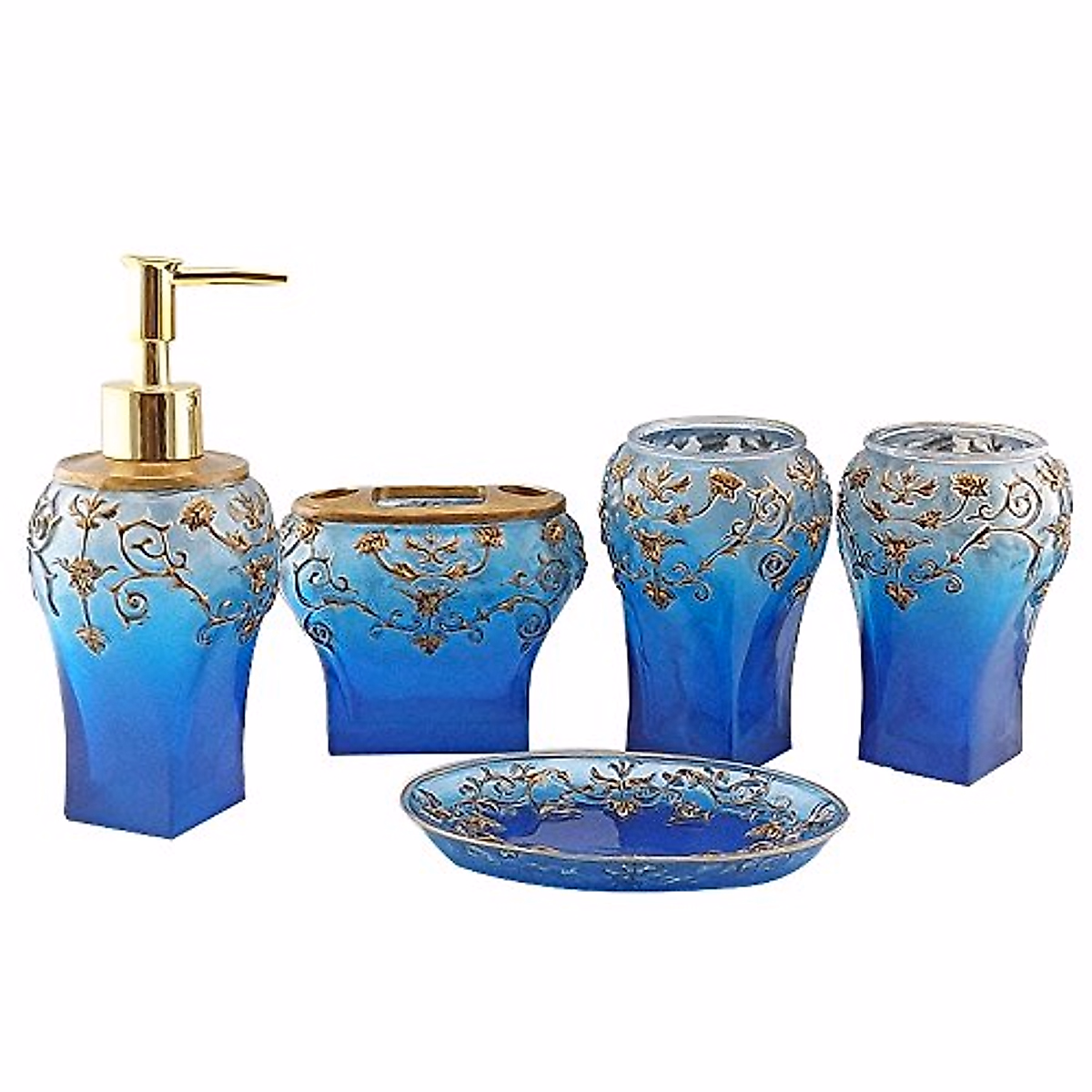 Country Style Resin 5PC Bathroom Accessories Set Soap Dispenser/Toothbrush Holder/Tumbler/Soap Dish (Blue)