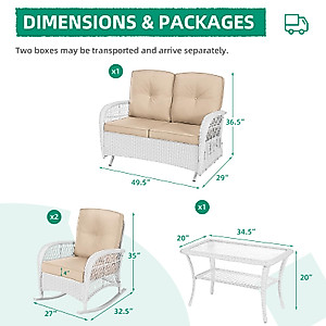 VIVIJASON 4-Piece Outdoor Patio White Wicker Conversation Sets, All Weather Outdoor Rattan Furniture Set Includes Glider Loveseat, Coffee Table, 2 Rocking Chairs with Cushions for Backyard, Beige