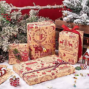 RUSPEPA Kraft Wrapping Paper Sheets - Christmas Red Elements Design - 12 Folded Sheets-19.68 X 27.5 Inch