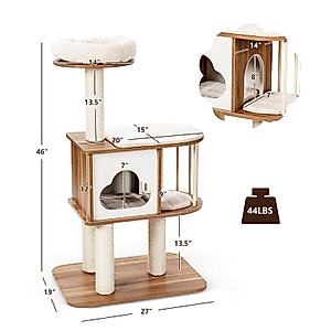PETSITE 46 Inches Wood Cat Tree for Indoor Cats, Modern Cat Tower with Scratching Posts, Cat Condo and Detachable & Washable Cushions, Multi-Level Cat Tree for Large Cats (Natural)