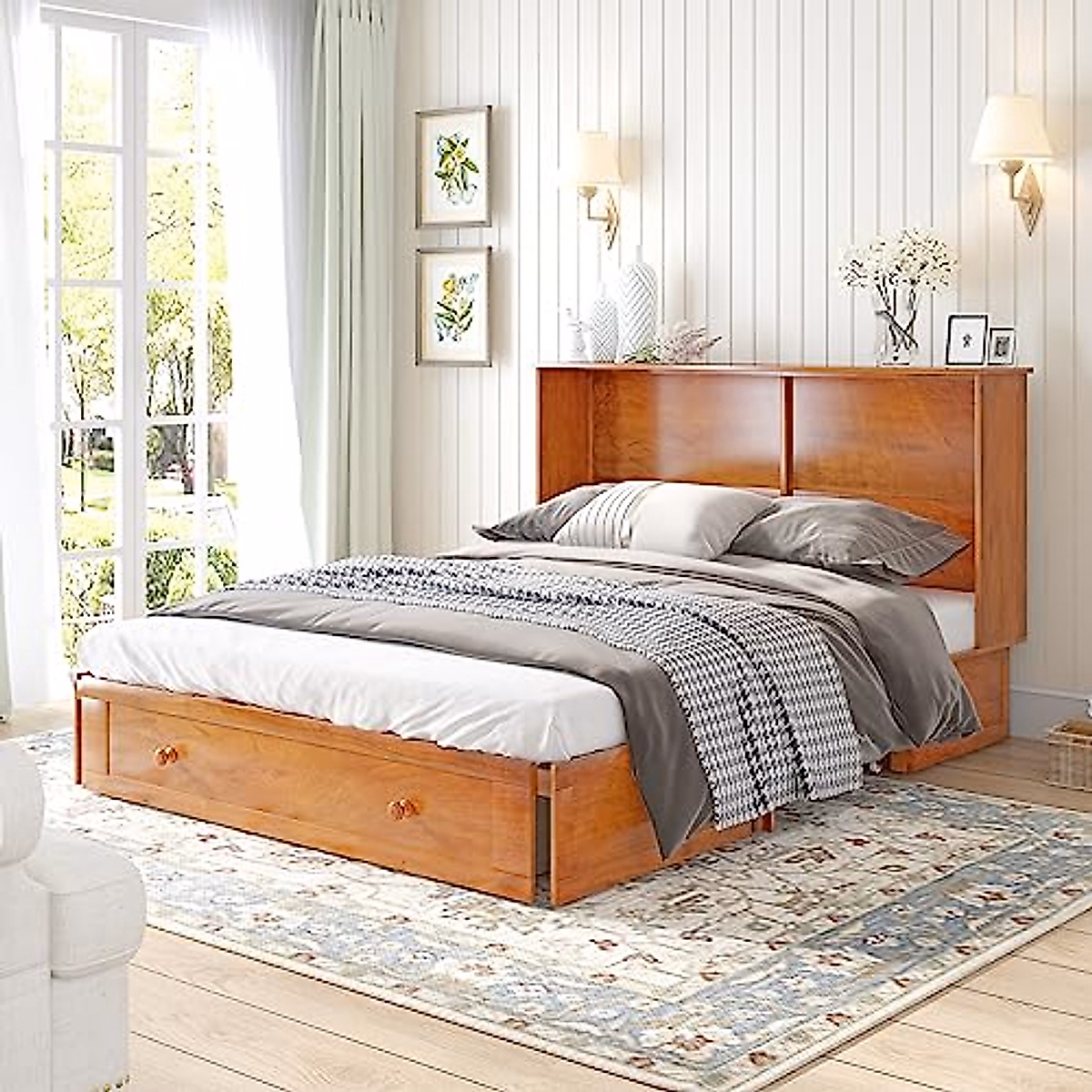 Mjkone Murphy Bed Cabinet, Queen Cabinet Bed with Foldable Foam Mattress, Chest Bed with USB Charging Station&2 Large Drawers, Folding Bed Cabinet for Guest Room/Living Room/Bedroom/Office (Cherry