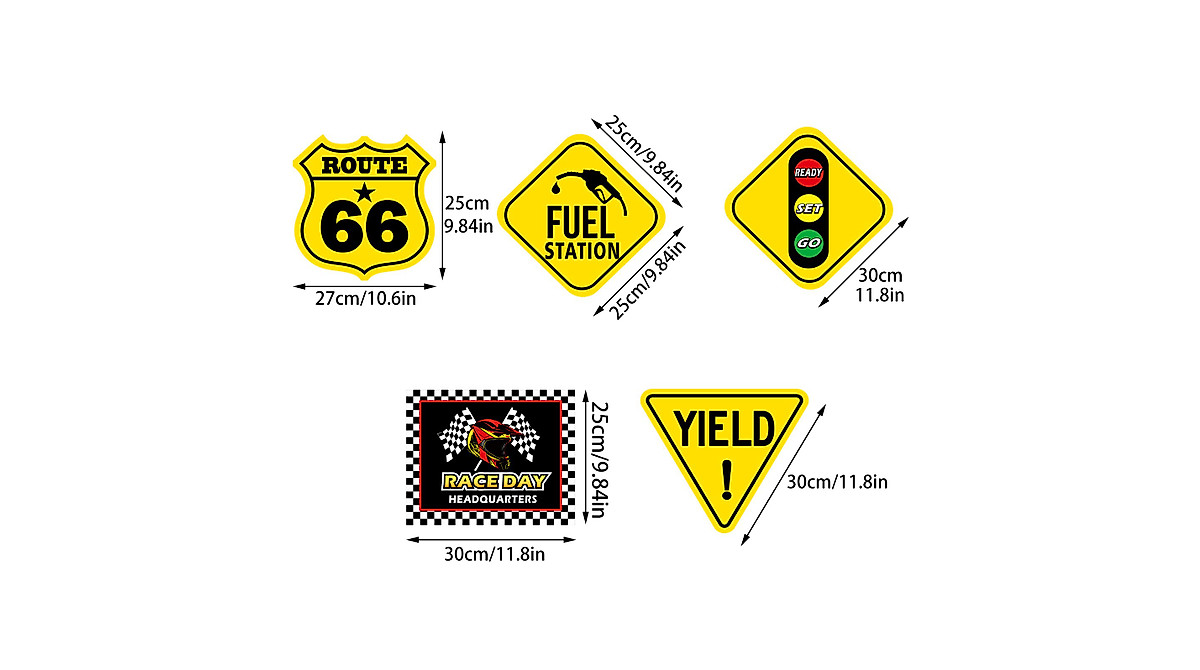 Racing Party Signs - 12 Laminated Car Decoratives for Kids' Race Day