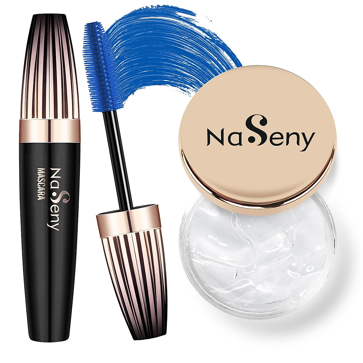 Naseny Waterproof Blue Mascara Volume And Length,5D Silk Fiber Lengthening Thickening,Clear Eyebrow Gel Keep Brows Stay In Place,Brow Freeze Goes a Long Way Creat Full Voluminous Party Eye Makeup
