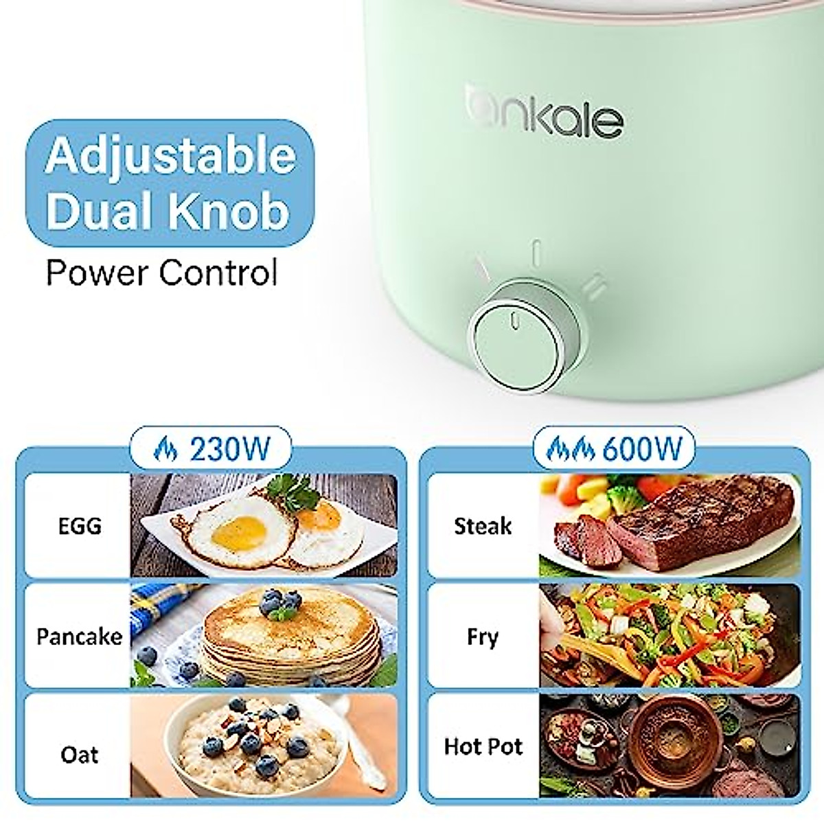 Ankale Hot Pot Electric with Steamer, 1.5L Portable Nonstick Rapid Electric Ramen Cooker, MultiFunction Mini Pot with Power Adjustable, Travel Electric Pot for Pasta/Noodles/Shabu Shabu/Oatmeal, Green
