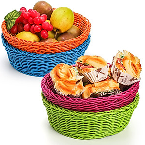 AVLA 4 Pack Woven Breads Baskets, Imitation Rattan Fruit Storage Bowls, Stackable Handwoven Serving Basket, Poly-Wicker Round Basket Set for Organizing, Decorative Gift Basket for Countertop, Pantry