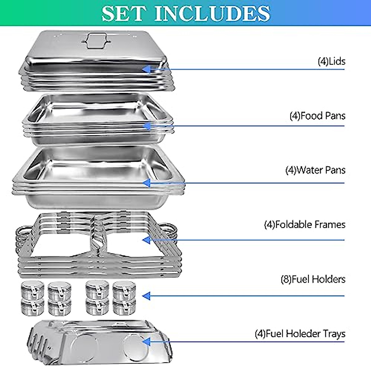 Jacgood Chafing Dish Buffet Set 4 Packs,8 QT Stainless Steel Foldable Rectangular Chafing Full Size Food Pan,Chafing Servers with Covers Buffet Servers and Food Warmers for Parties Wedding