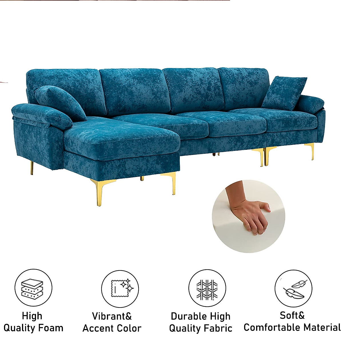Pvillez Sectional Sofa with Chaise Lounge and Ottoman,Large Convertible Couches Set for Living Room,Plush Fabric L-Shape Couch with Golden Legs