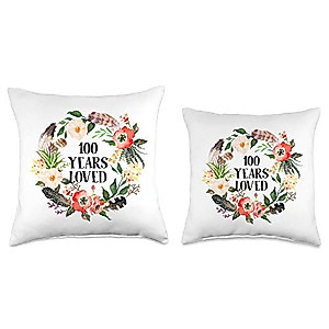 Teelaka Store 100 Years Loved, Gifts Grandma 100th Birthday Throw Pillow, 18x18, Multicolor