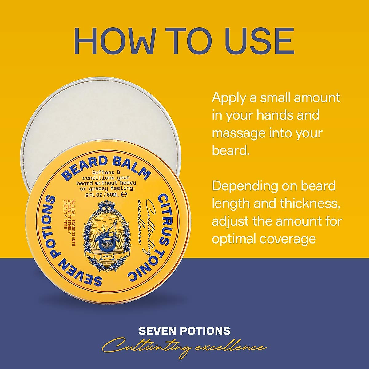 SEVEN POTIONS Beard Wax for Men — Medium Hold Styling Wax to Shape And Nourish Your Beard — All-Natural, Vegan, Cruelty Free — Citrus Tonic (1 FL OZ)