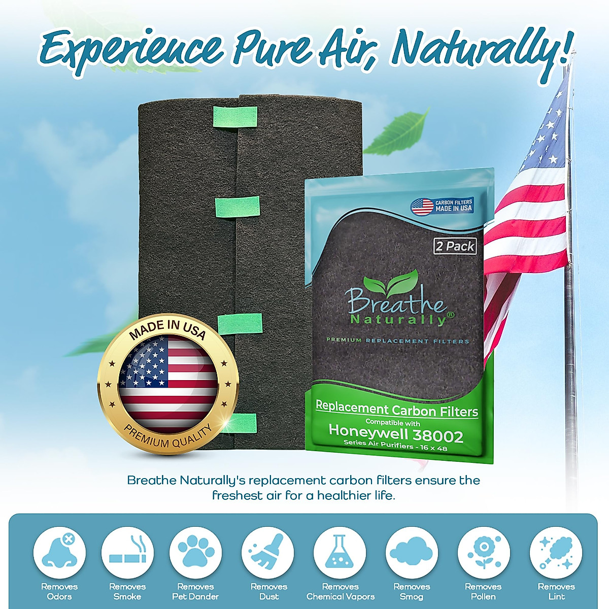 Breathe Naturally Replacement Filters Compatible with Honeywell Air Purifier 38002, HRF-APP1 & More - Activated Charcoal Prefilter - Made in USA - 16" x 48" x 0.2" (Pack of 2 Carbon Prefilters)