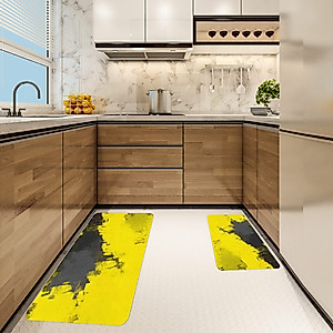 RYANZA 2 Pieces Kitchen Rugs, Abstract Anti Fatigue Non Slip Foam Cushioned Yellow Black Graffiti Art Comfort Indoor Floor Mat Runner Rug Set for Laundry Office Sink Bathroom (17"x48"+17"x24")