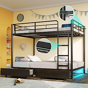 Rolanstar Metal Bunk Bed Full Over Full with USB Charging Station, LED Bunk Bed with 2 Storage Drawers, Bed with Safety Guardrail & Ladders, No Box Spring Needed, Easy Assembly, Black