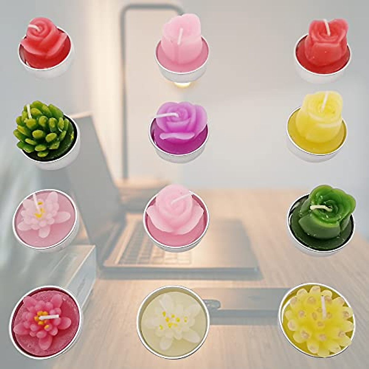 12 Pieces Flower Tealight Candles Cactus Candles Succulent Tea Lights Candle Fancy Plant Candle for Decorative Party Favor