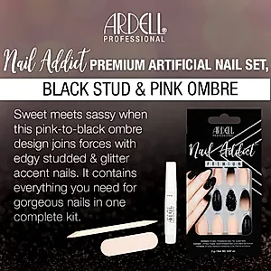 Ardell Nail Addict Premium Press On Nails - 24 False Nails Black Stud & Pink Ombre Jeweled And Matte, Reusable Artificial Acrylic Nail Kit for DIY Manicure