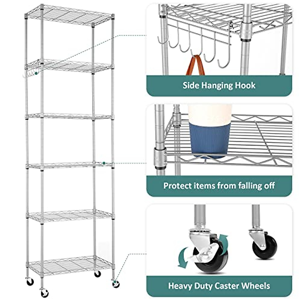 Himimi 6-Tier Wire Shelving Unit with Wheels, Height Adjustable, Heavy Duty Standing Storage Shelf with Hook for Bathroom Kitchen Garage Bedroom Silver Grey