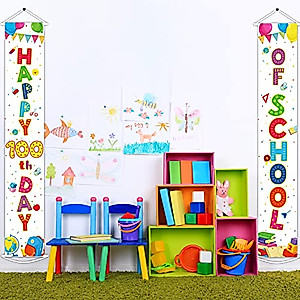 Happy 100th Day of School Porch Banner Door Decorations, 100 Days Porch Sign for Kindergarten Primary School Preschool Celebrate 100th Day Party Supplies Favors (White)