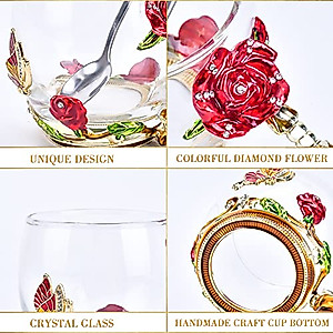 OEAGO Gifts for Mom Women Mothers Day Glass Coffee Enamels Mug Best Birthday Butterfly Rose Gifts for Her from Daughter Son Lead-Free Valentines Day Christmas Red Tea Cup with Spoon Set