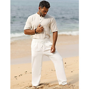 iWoo Pants with Elastic Waist Men Beach Linen Pants Drawstring Linen Pants White M