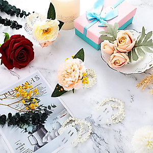 Hicarer 8 Pieces Pearl Wrist Corsage Bands for Wedding Faux Wrist Bands Elastic 8 Pairs Boutonniere Magnets 2 Rolls Green Floral Wrapping Tapes for DIY Handmade Prom