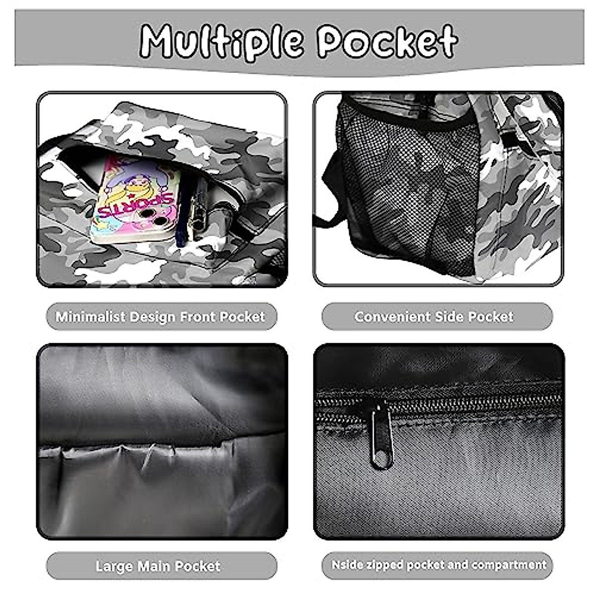 Cbntnaf Shark Camo Backpack for Women Men, Gray Camo Shark Teeth Print Bookbag for Boys Girls, Large Capacity Lightweight Backpack for School Work Camping Hiking