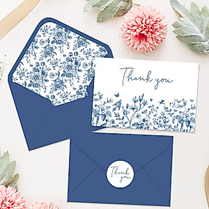 Whaline 36Pcs Blue Floral Thank You Cards with Envelope Stickers Wild Floral Thank You Note Cards for Wedding Bridal Shower Birthday Supplies