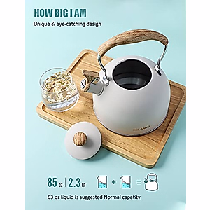 Tea Kettle, BELANKO 85 OZ / 2.5 Liter Whistling Tea Kettle Pots for Stove Top Food Grade Stainless Steel with Wood Pattern Folding Handle, Loud Whistle for Tea, Coffee, Milk - Milk White