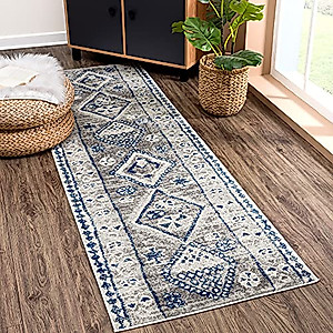 Bloom Rugs Tribal Geometric Blue Multicolor Runner - Boho 10 ft Runner for Entryways and Hallways (2'7" x 10')