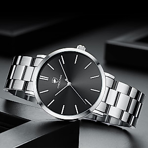 GOLDEN HOUR Men's Watches Slim Minimalist Runway Silver Stainless Steel Quartz Analog Watch with Black Face