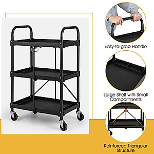 Goplus Folding Utility Cart, 3-Tier Rolling Tool Cart w/Lockable Wheels, Divided Storage Compartments, Collapsible Metal Service Cart Work Cart for Office Home, Garage, Kitchen, Black
