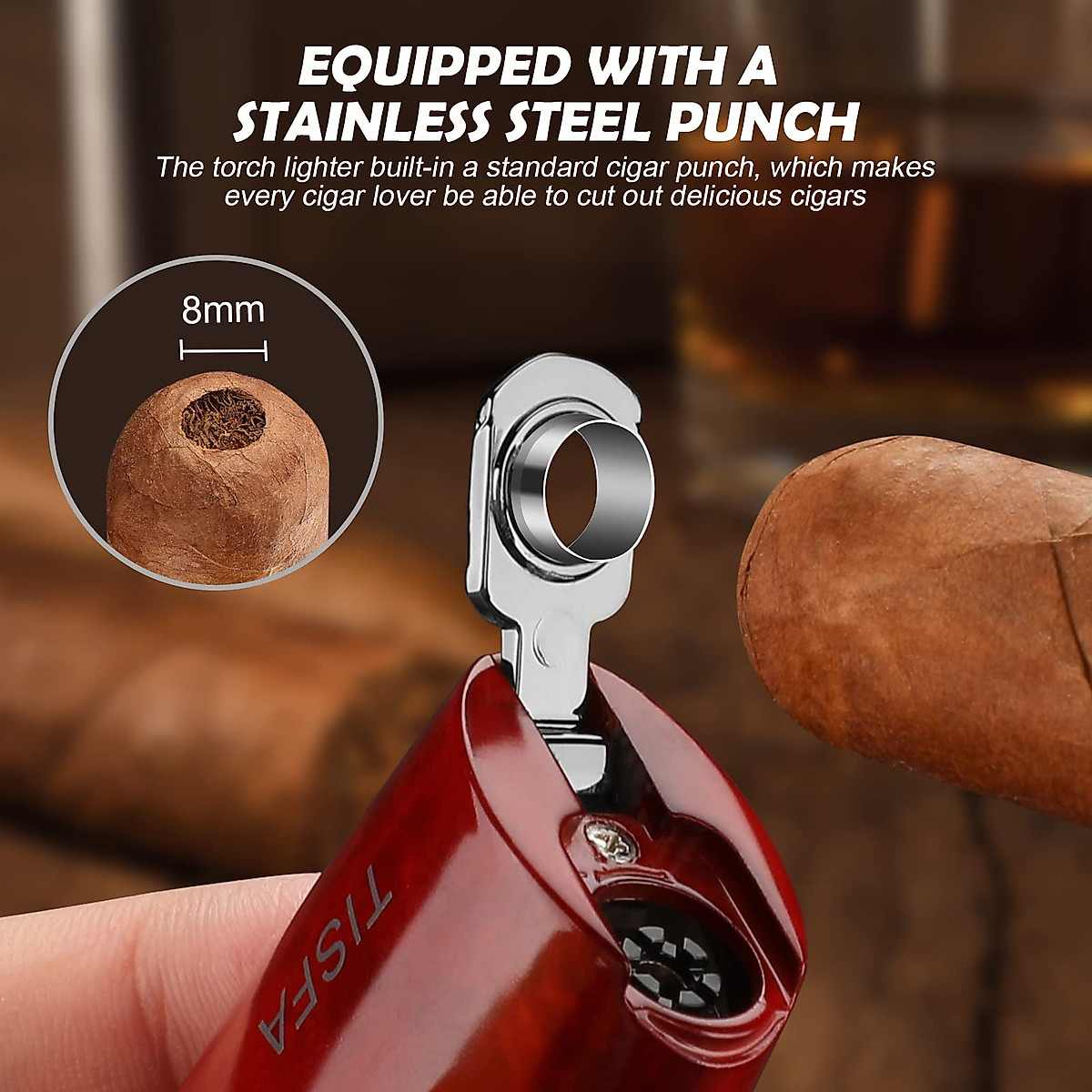 TISFA Torch Lighter Triple Jet Flame Cigar Lighter, Refillable Butane Lighter with Built in Cigar Punch and Fuel Visible Window, Adjustable Windproof Pocket Lighters for Smoking with Gift Box (Red)