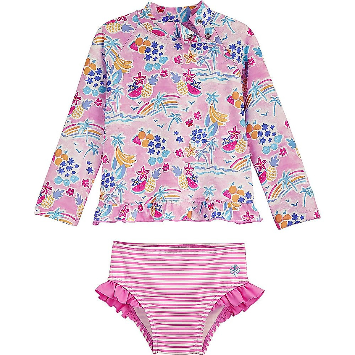 Coolibar UPF 50+ Baby Guppy Ruffle Rash Guard Set - Sun Protective (2T- Tropical Orchid Sweet Vacay)