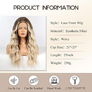 EMMOR Long Ombre Blonde Lace Front Wig for Women,25 Inch Natural Wavy Daily Hair Synthetic Lace Wigs Middle Part,Hand Tied/Longlife/Lightweight