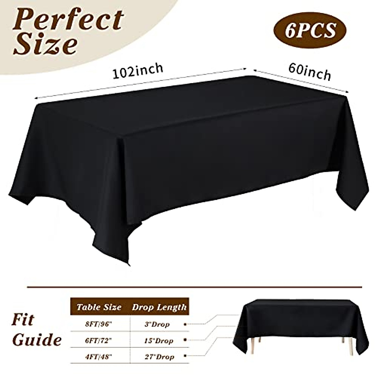 Black Tablecloth 6pcs 60x102, Table Cloth for 6 Feet Rectangle Tables, Waterproof and Wrinkle Resistant Washable Decorative Fabric Table Cover for Dining Table, Party and Outdoor Use