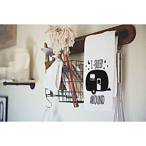 Handmade Funny I Sleep Around RV Camping Kitchen Towel - 100% Cotton Funny Sayings Dish Towel - 28x28 Inch Perfect for Housewarming Christmas Camping Gifts (I Sleep Around)