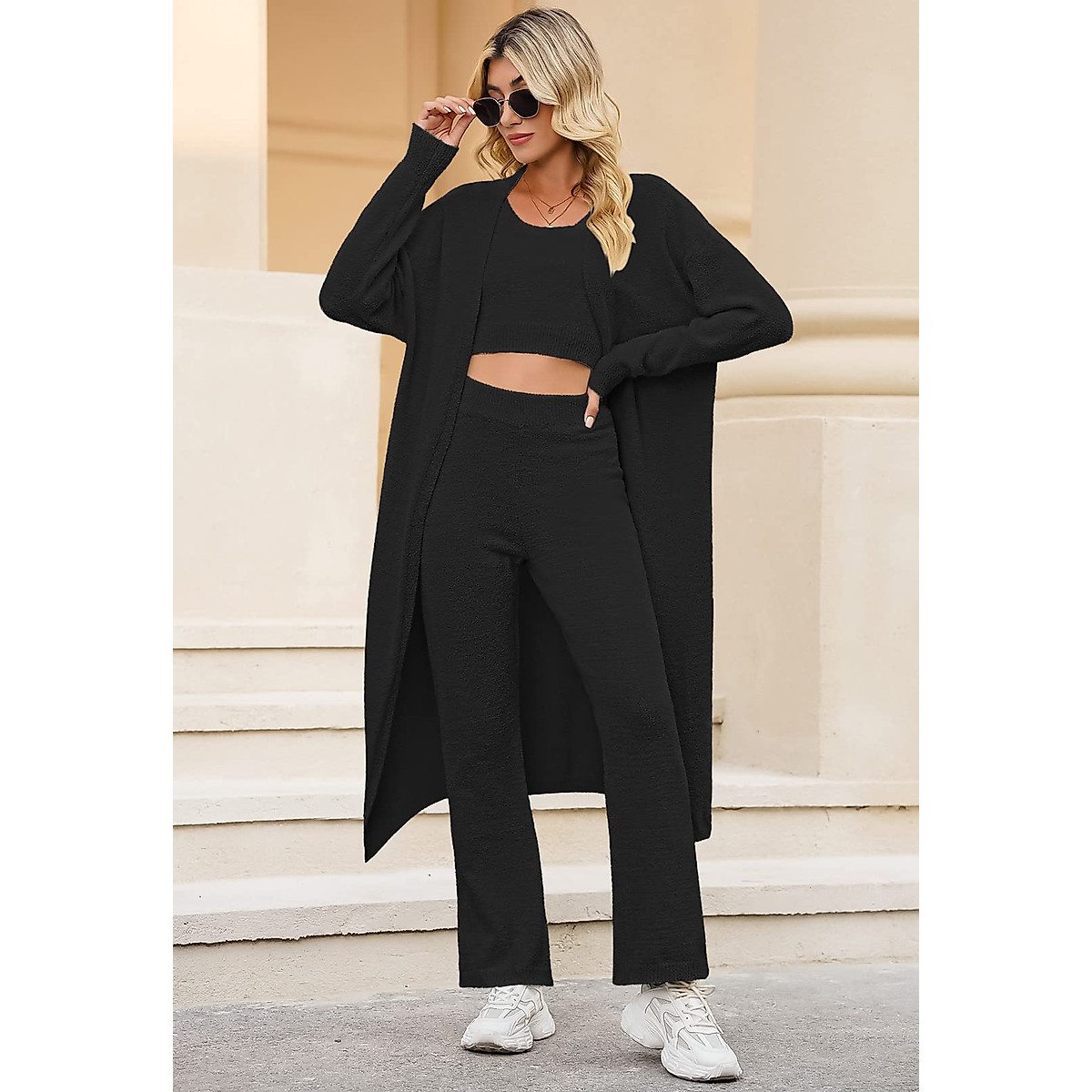 Linsery 3 Piece Sexy Fuzzy Outfit for Women Sherpa Jacket Coat and Crop Top Wide Leg Pants Lounge Set Cozy Fleece Tank Top and Pants Pajamas Black S