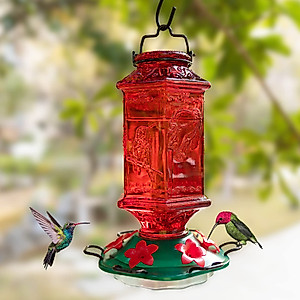 Billion Sky Hummingbird Feeder for Outdoors, Lantern Shaped Bottle, 6 Simulation Flowers Feeding Ports, 26 fl.oz, Hanging for Garden Yard, Rust Proof, Red(Ant Moat Included)
