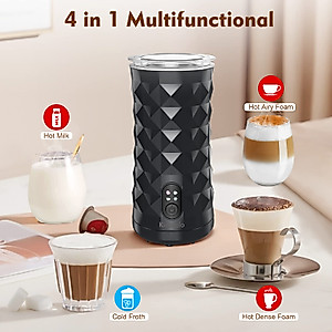 KIGOZOLO Milk Frother Steamer 4 in 1 Electric Coffee Frother with Quiet Operation,Effortless Foam,Unique Diamond Design,Temperature Control, and Auto Shut-Off, Perfect for Coffee Lovers(Black)