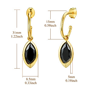 BELLNA 925 Sterling Silver 14K Gold Dainty Earrings for Women Dangle Cubic Zircoina Marquise Brilliant Cut Dangle Hoop Earrings for Women Girl Her Wedding Party Gift (Black CZ)