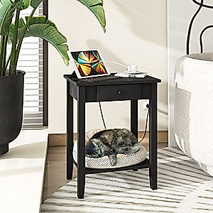 OTEKAY Nightstand with Charging Station, Wooden End Table with USB Ports and AC Power Outlets, Bed Side Table Night Stand with Drawer and Shelf for Storage - Black