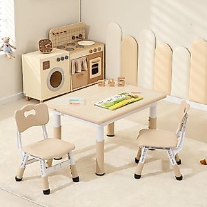 SINKIPA Kids Table and 2 Chairs Set, Height Adjustable Toddler Table and Chairs, Graffiti Desktop Kids Study Table with Anti-Slip Foot Covers, Children Activity Table for Ages 2-10