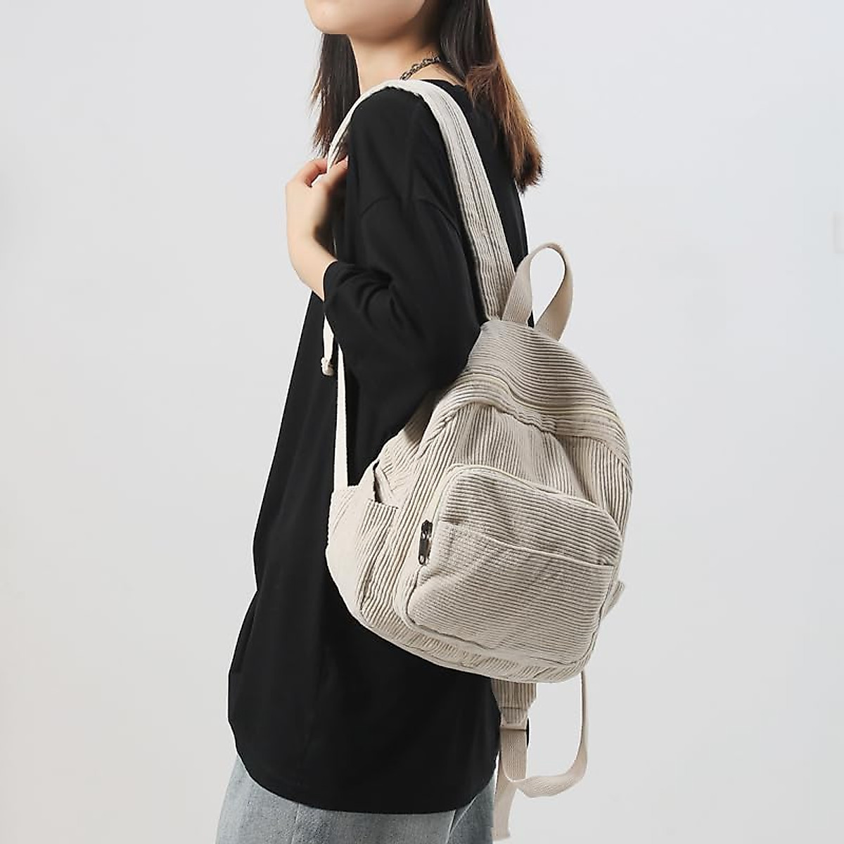 Eagerrich Small Mini Backpack Purse for Women Travel Corduroy Bag for Women Cute Aesthetic(White)