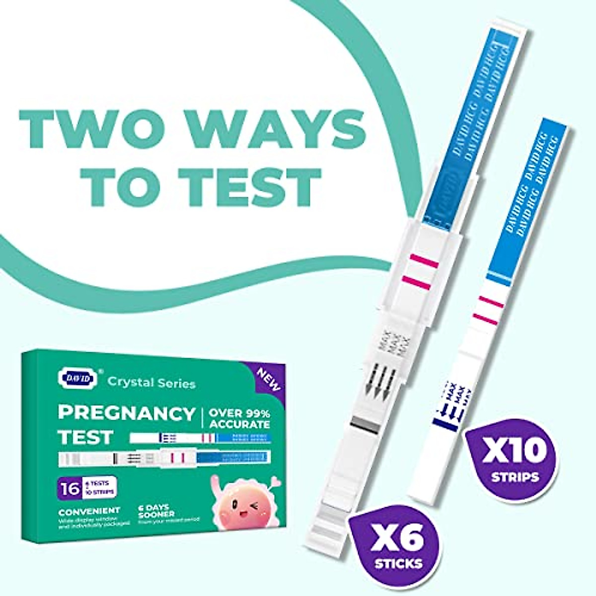 DAVID Pregnancy Tests Kit HCG Pregnancy Tests Strips Early Detection,Accurate and Reliable Results 6 Days Earlier Than The Missed Period - 6 Lightweight Midstream Sticks and 10 Strips (16 Pack)