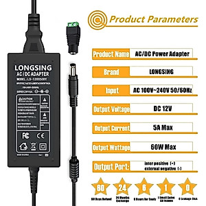LONGSING 12V 5A Power Supply Adapter, AC 100-240V to DC 12V, Input 100V-240V, Output 12V 5A 60W, with DC Female Connector, 5.5x2.5mm DC Output Jack for 5050 3528 LED Strip Module Light
