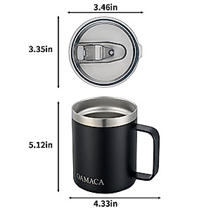 Oamaca 12OZ Coffee Mug with Lid, Vacuum Insulated Travel Tumbler with Handle,Double Wall Stainless Steel Powder Coated Mug Cup,Spill-proof Outdoor Thermos Cup for Hot & Cold Drinks,Black