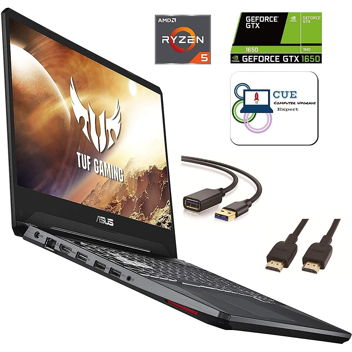 ASUS TUF Gaming Laptop, 15.6” IPS Full HD, AMD Quad-Core Ryzen 5 3550H, 8GB DDR4 Memory, 256GB SSD, Nvidia GeForce GTX 1650, RGB Backlit keyboard, Webcam, BT, Windows 10 + CUE Accessories