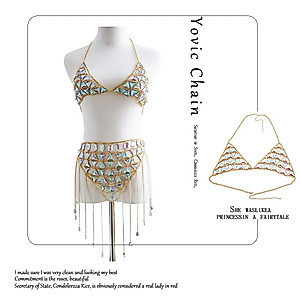 Yovic Boho Body Chain Sexy Rhinestone Waist Chain Bikini Crystal Bra Chian Rave Nightclub Party Body Accessories for Women and Girls（One Set）(Gold-3)